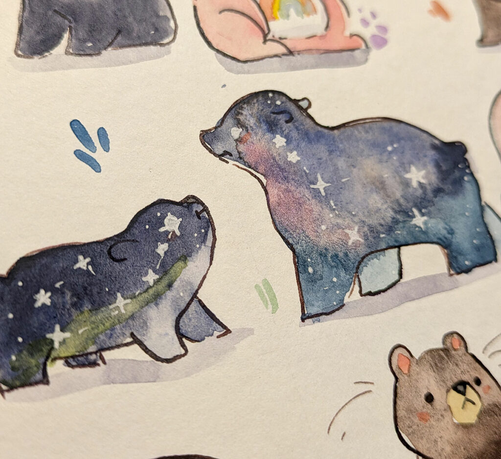 Original Watercolor Painting - 20 Bears, a mouse and a bee - Kness